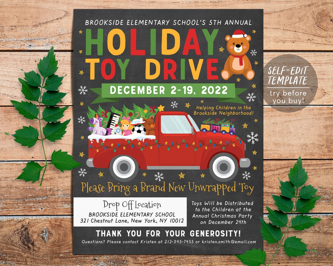 Holiday Toy Drive Flyer Editable Template, PTO PTA School Xmas ...