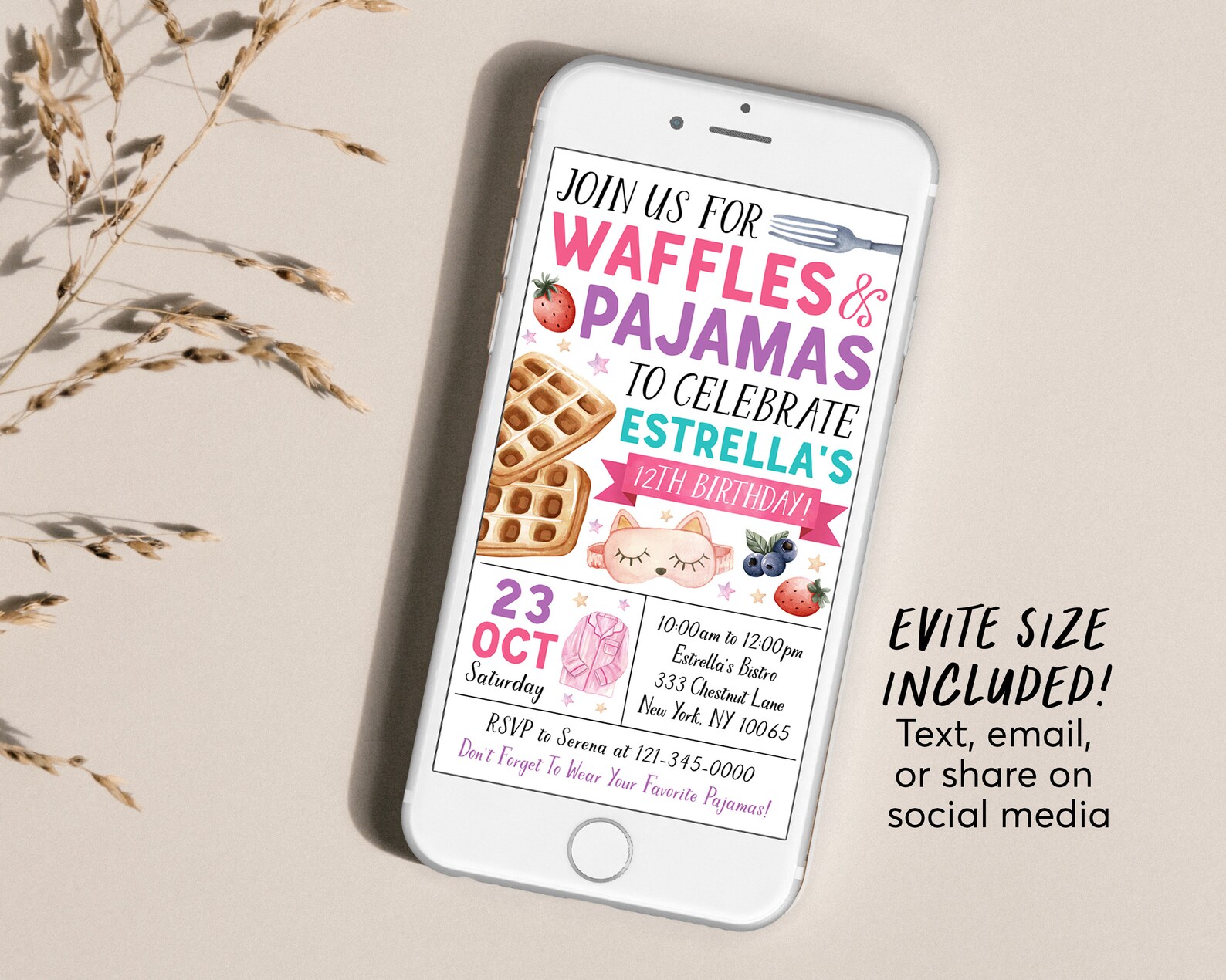 Waffles and Pajamas Birthday Invitation Editable Template, Girl Waffles ...