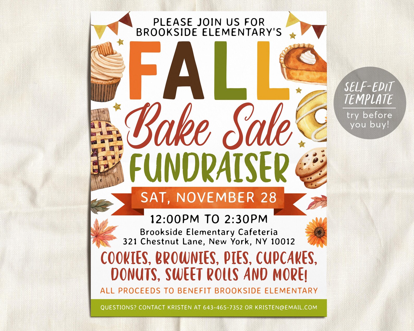 Fall Bake Sale Flyer Editable Template, Thanksgiving Bake Sale ...