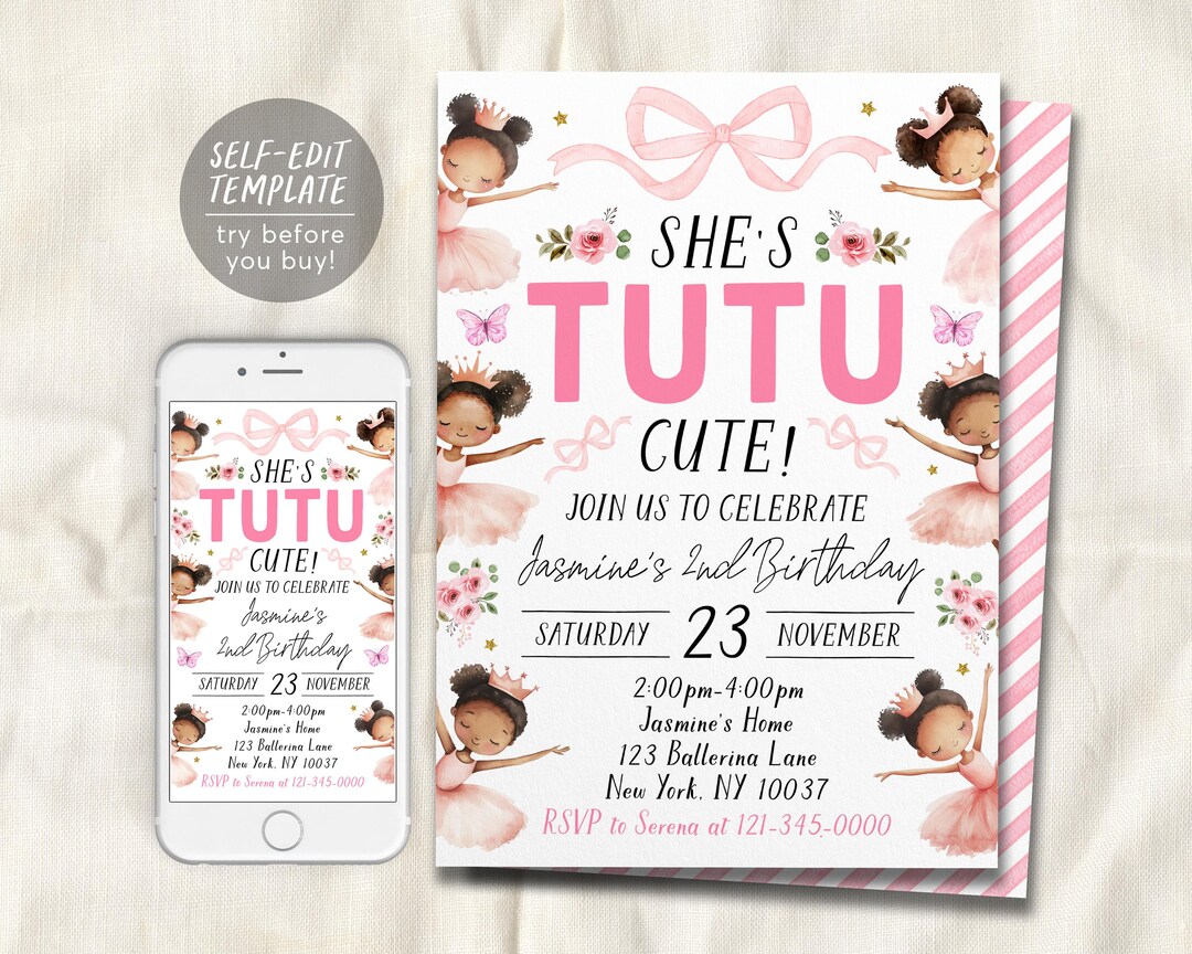 Tutu Cute 2nd Birthday Invitation Editable Template, Black Ballerina ...