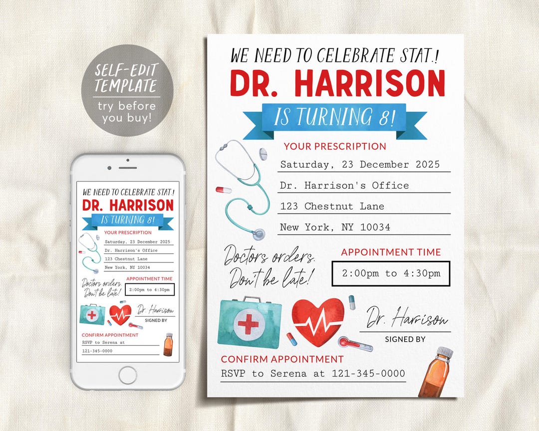 Medical Themed Birthday Invitation Editable Template, Kids Doctor ...