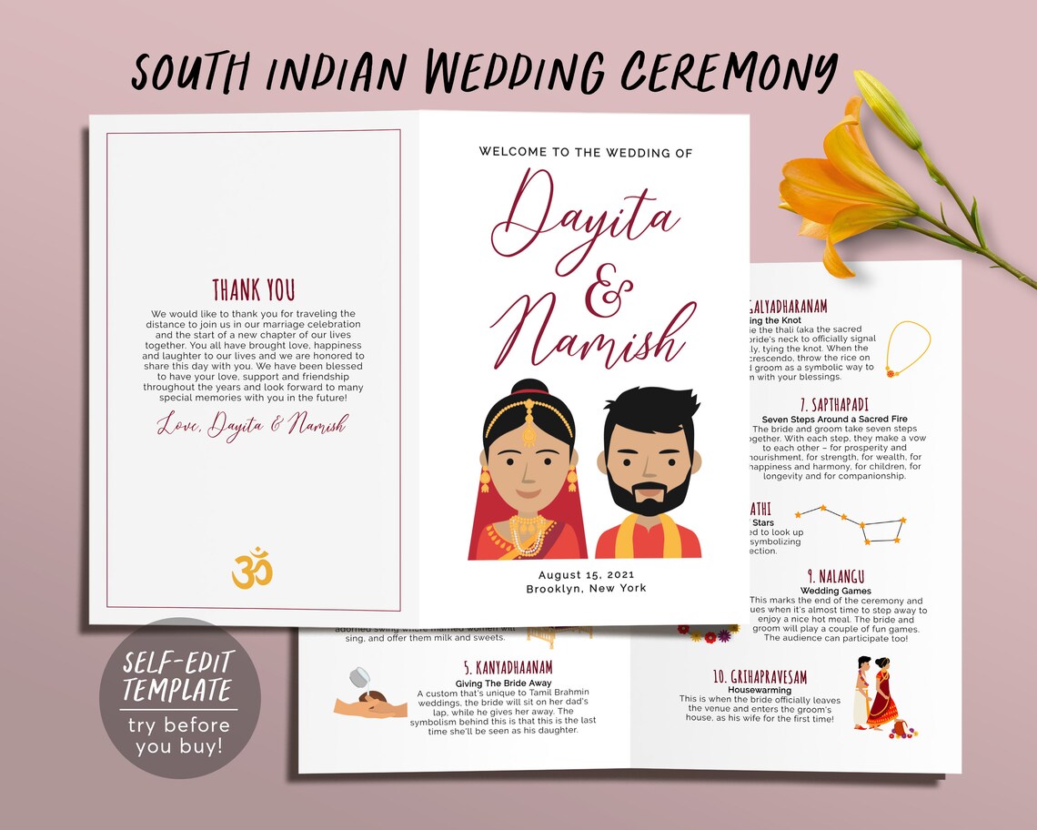 South Indian Wedding Bifold Program Template, Editable Brahmin Tamil ...