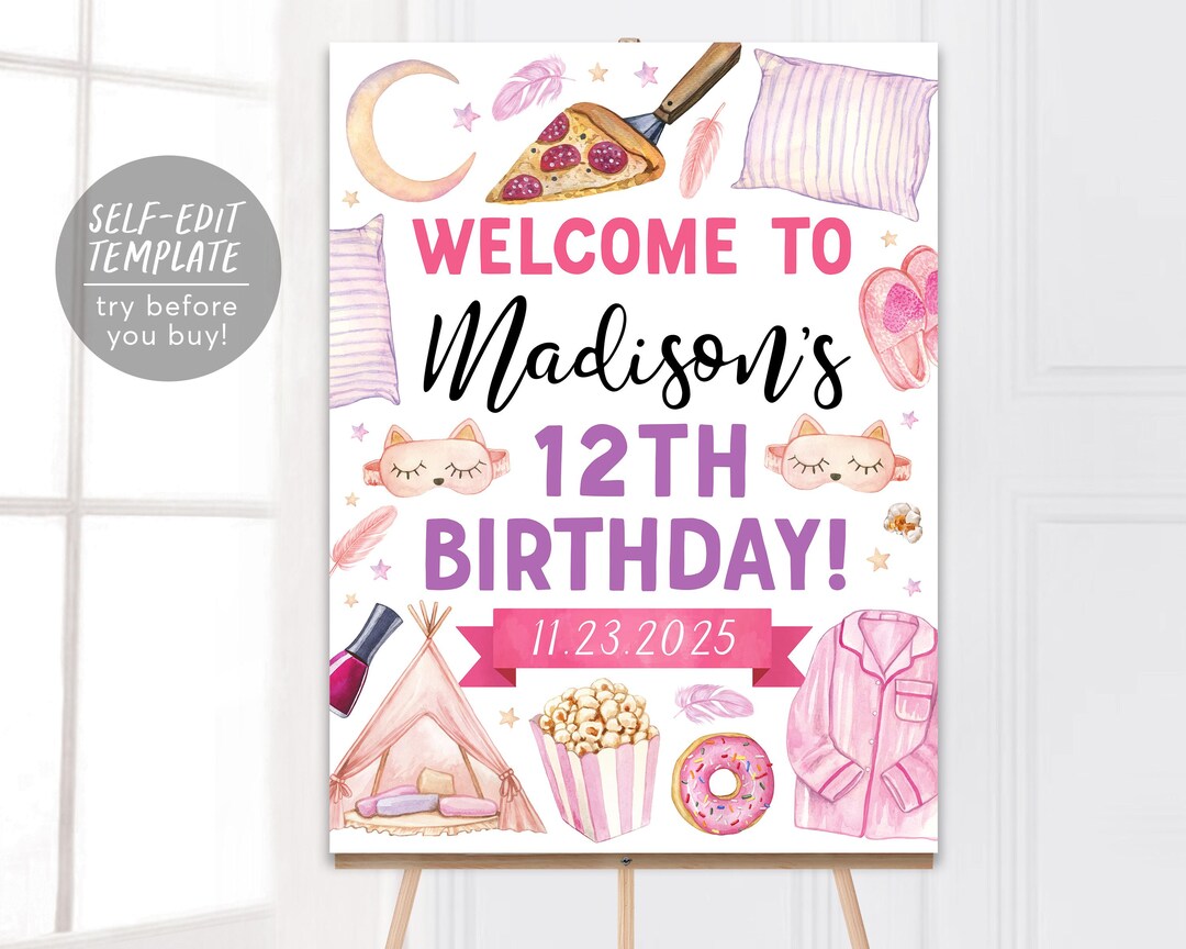 Sleepover Birthday Party Welcome Sign Editable Template, Girl Slumber ...