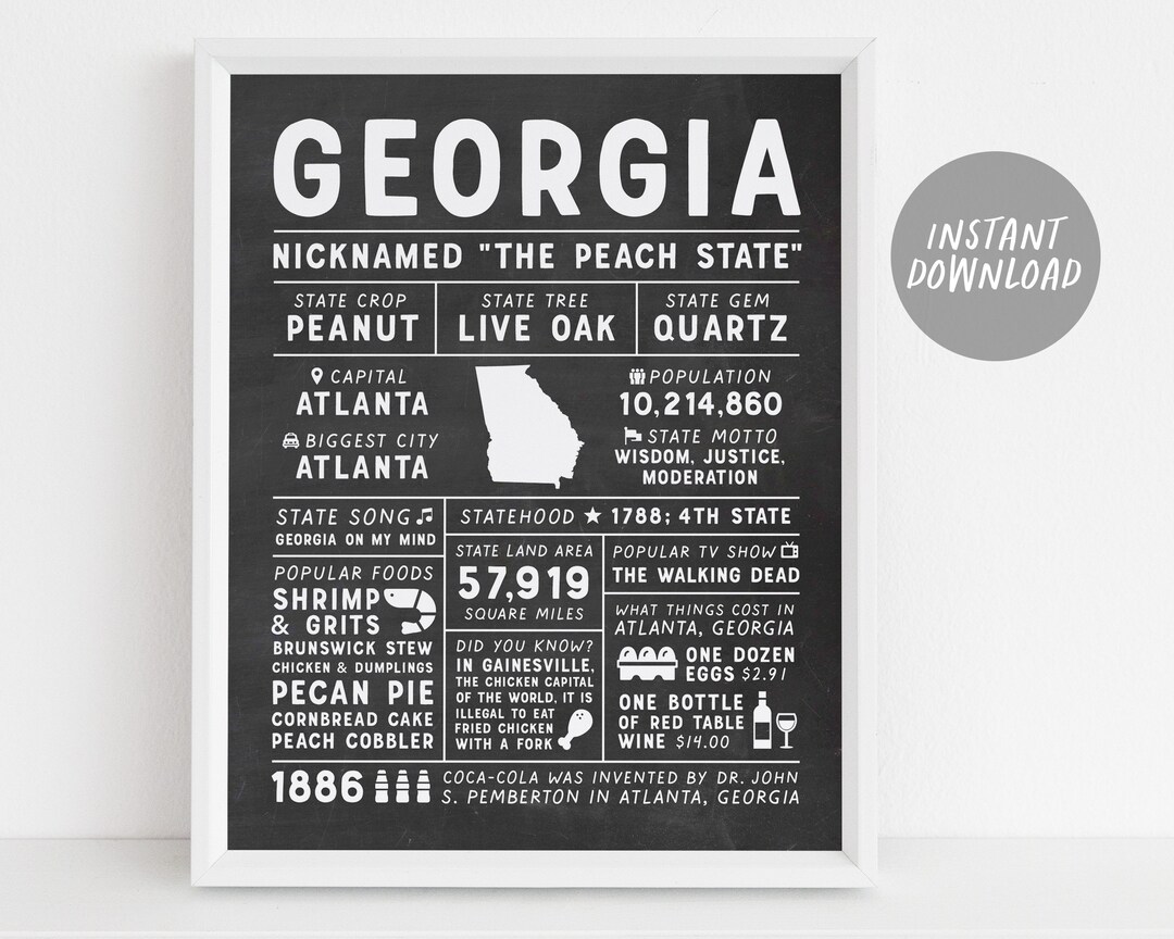 Georgia State Wall Art Sign Poster Infographic, Chalkboard Virginia Map ...
