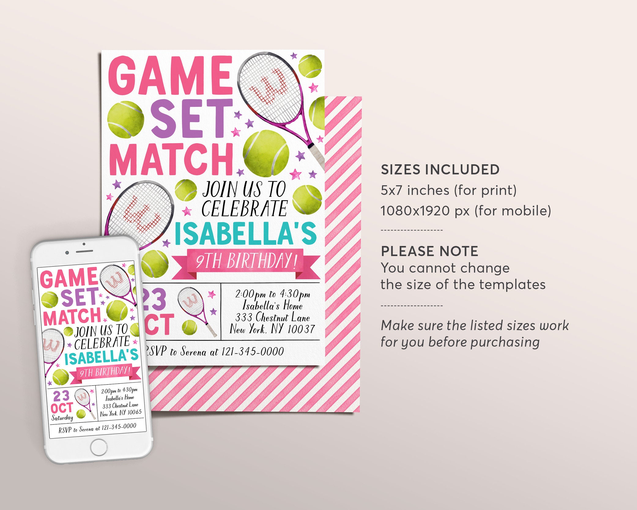 Tennis Birthday Invitation Editable Template, Girl Tennis Ball Party ...