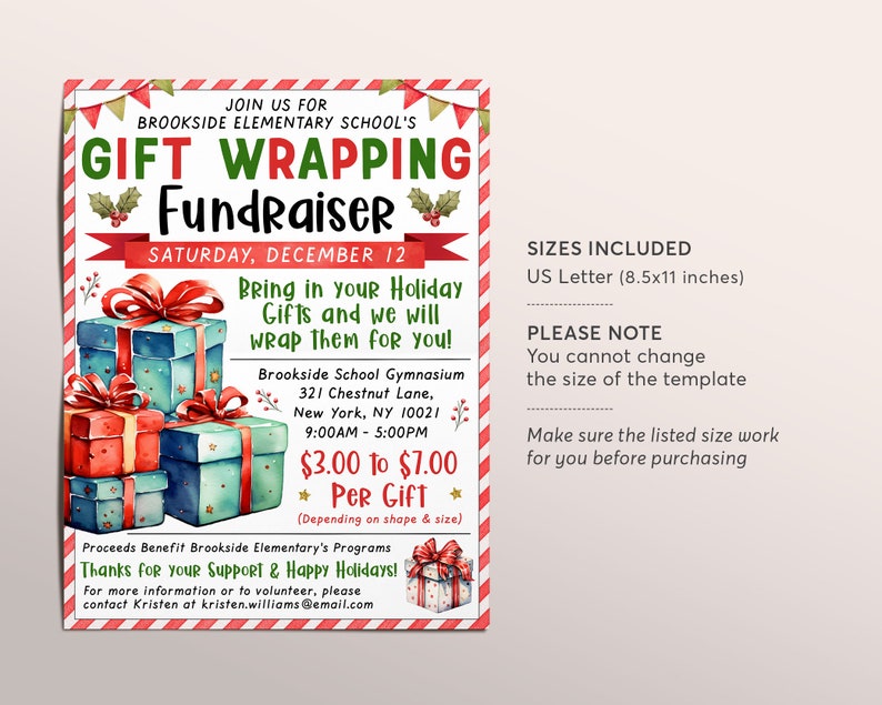 Gift Wrapping Fundraiser Flyer Editable Template, Christmas Holiday ...