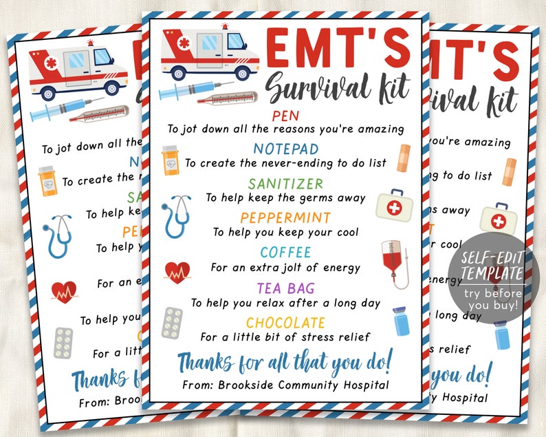 EMT Survival Kit Gift Tags Editable Template, EMT'S Appreciation Thank ...