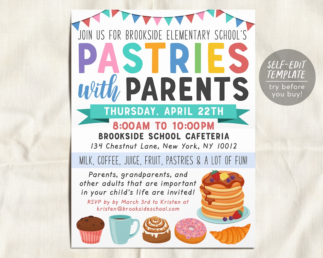 Pastries With Parents Flyer Editable Template, Breakfast Brunch Parent ...