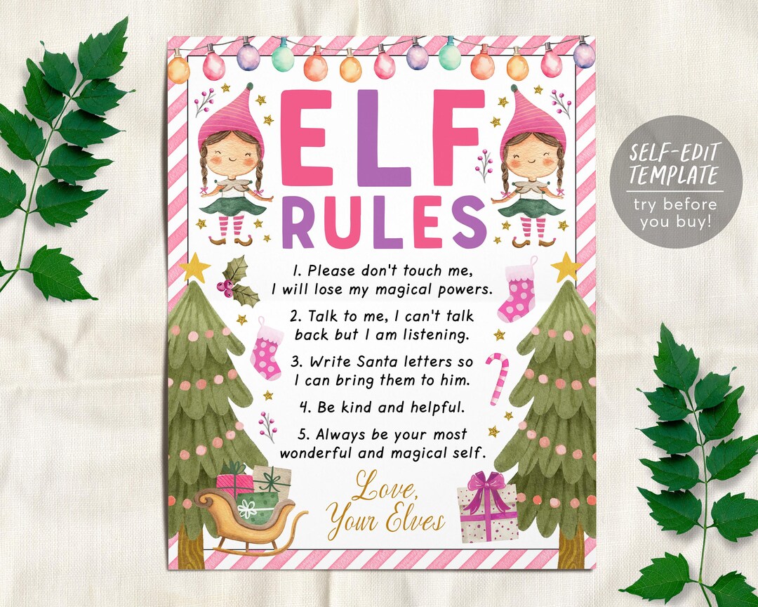 Pink Girl Elf Rules Sign, Elf Rules to Follow, Elf Do Not Touch Me ...