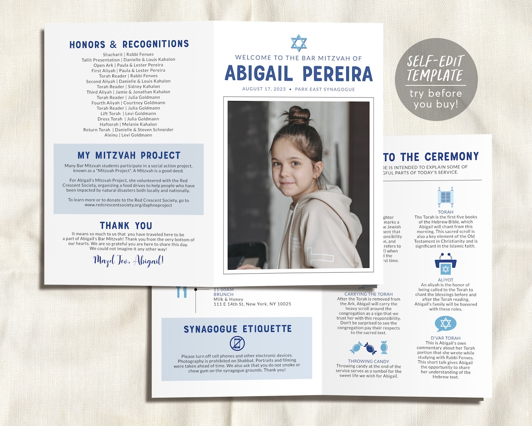 Editable Jewish Bar or Bat Mitzvah Bifold Program Infographic Template ...