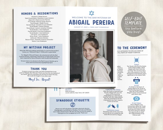 Editable Jewish Bar or Bat Mitzvah Bifold Program Infographic - Etsy