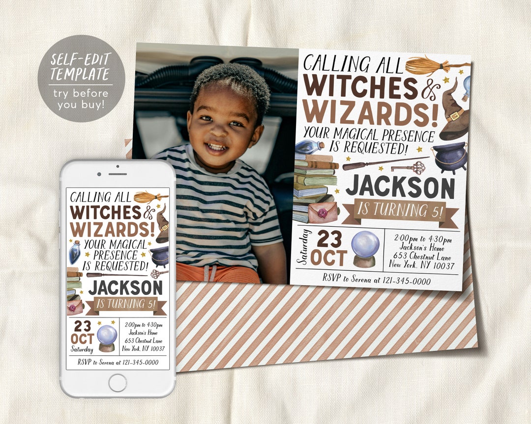 Wizard Birthday Invitation With Photo Editable Template, Kids Witches ...