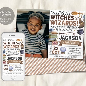 Wizard Birthday Invitation With Photo Editable Template, Kids Witches ...