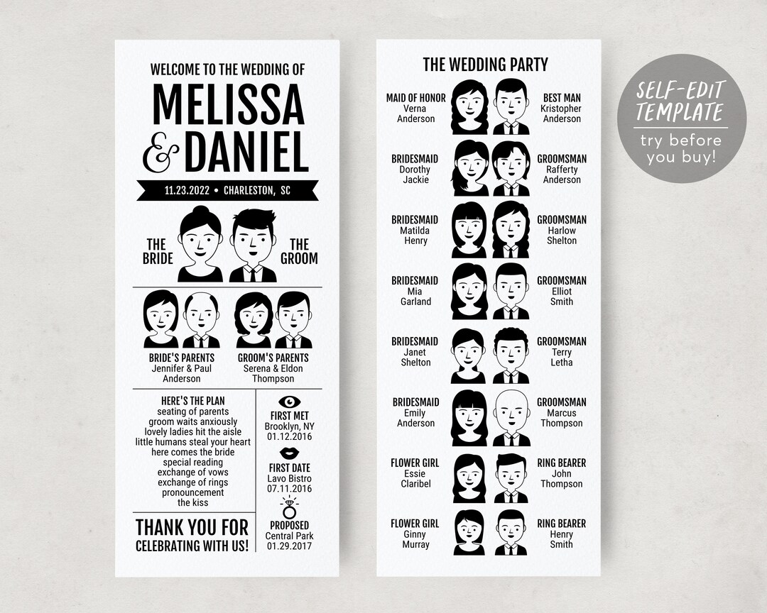 Silhouette Wedding Program Portrait Template, Slim Wedding Program ...