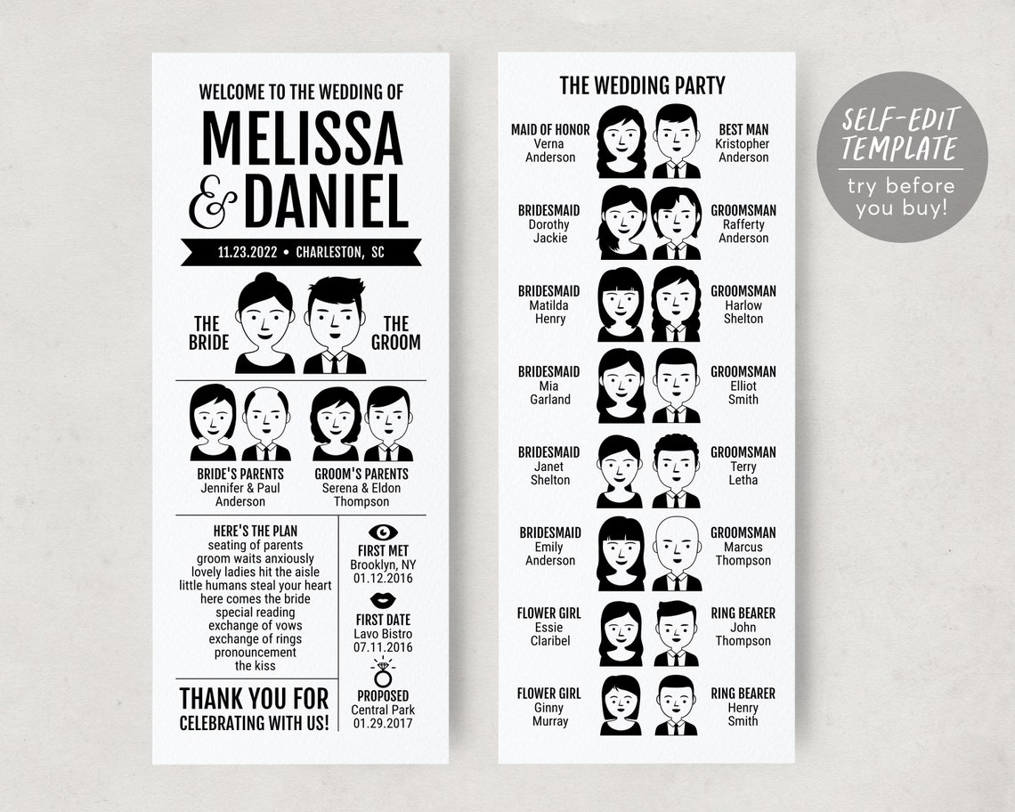 Silhouette Wedding Program Portrait Template Slim Wedding - Etsy