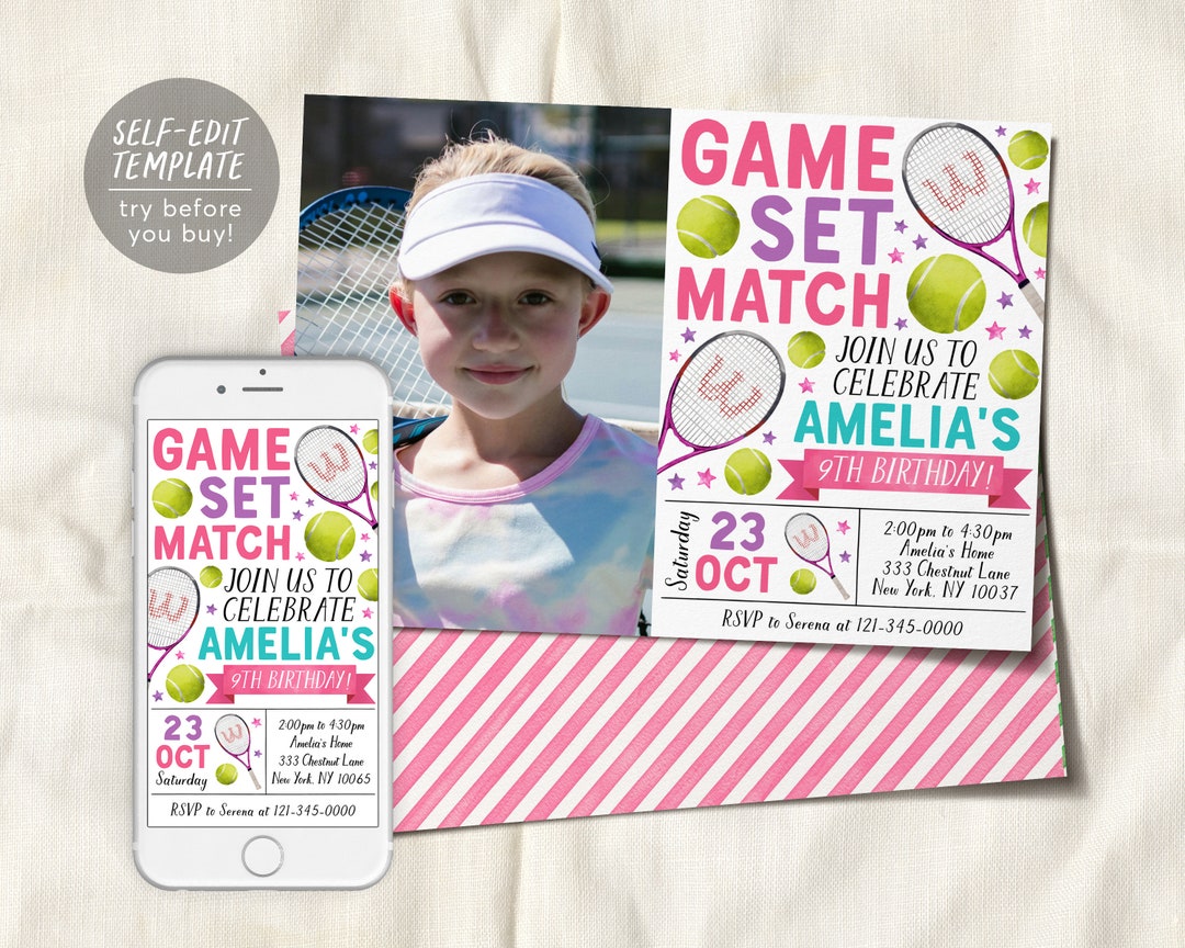 Tennis Birthday Invitation With Photo Editable Template, Girl Tennis ...