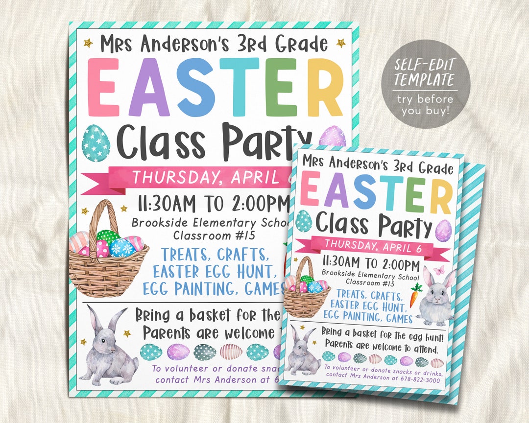 Easter Class Party Invitation Editable Template, Spring Celebration ...
