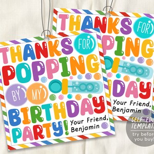 Thanks for Popping by Birthday Party Favor Tags Editable Template, Kids ...