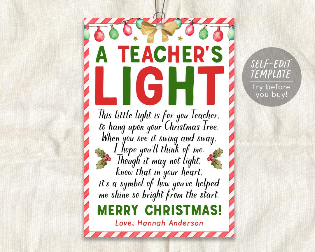 A Teachers Light Gift Tag Editable Template, Poem for Teacher Christmas ...