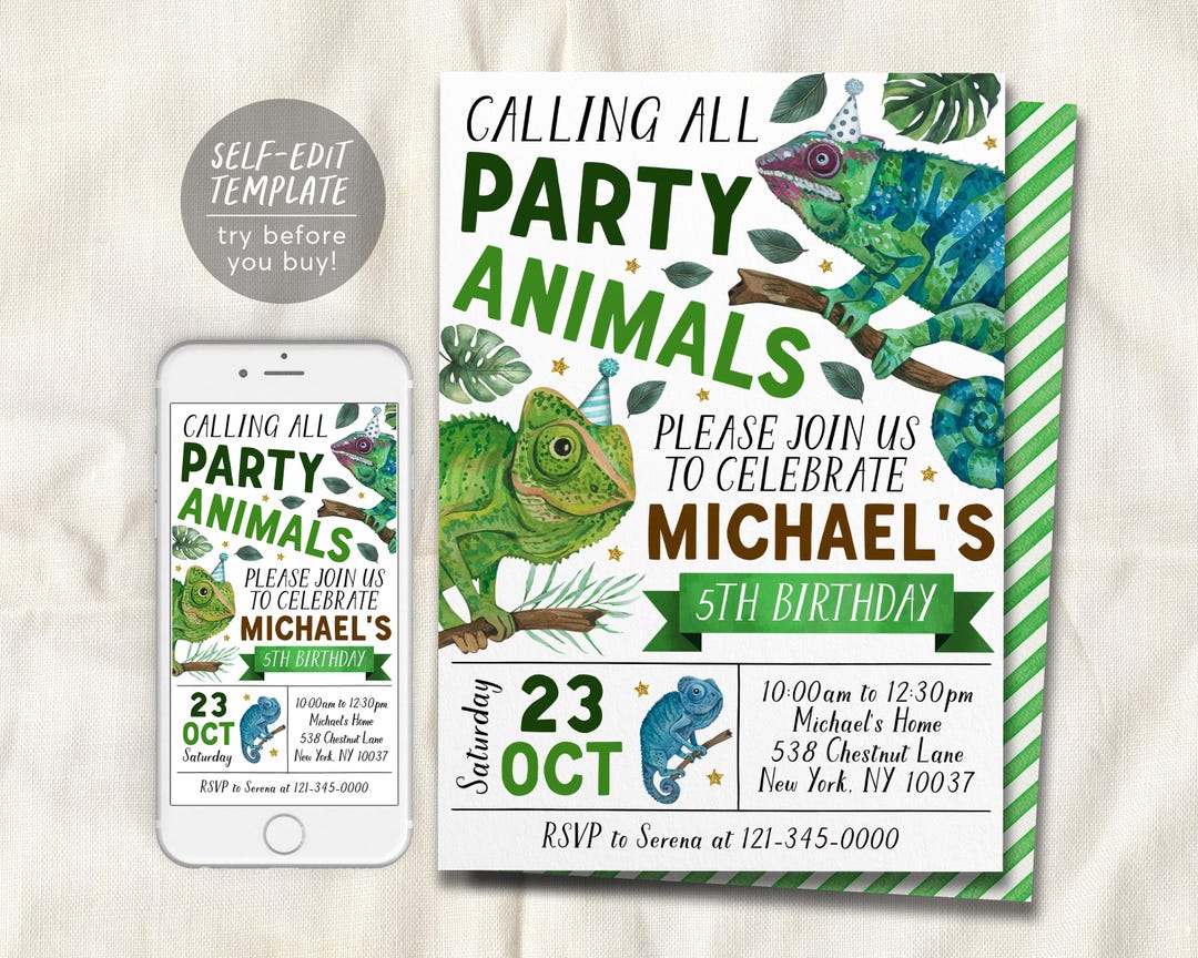 Chameleon Birthday Invitation Editable Template, Boy Reptile Lizard ...
