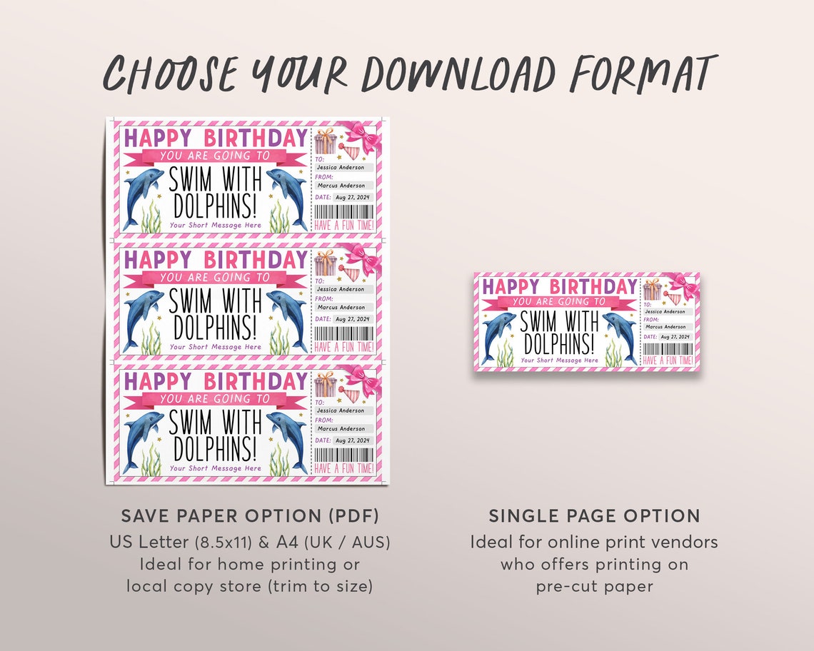 Swim With Dolphins Ticket Editable Template, Birthday Surprise Dolphin ...