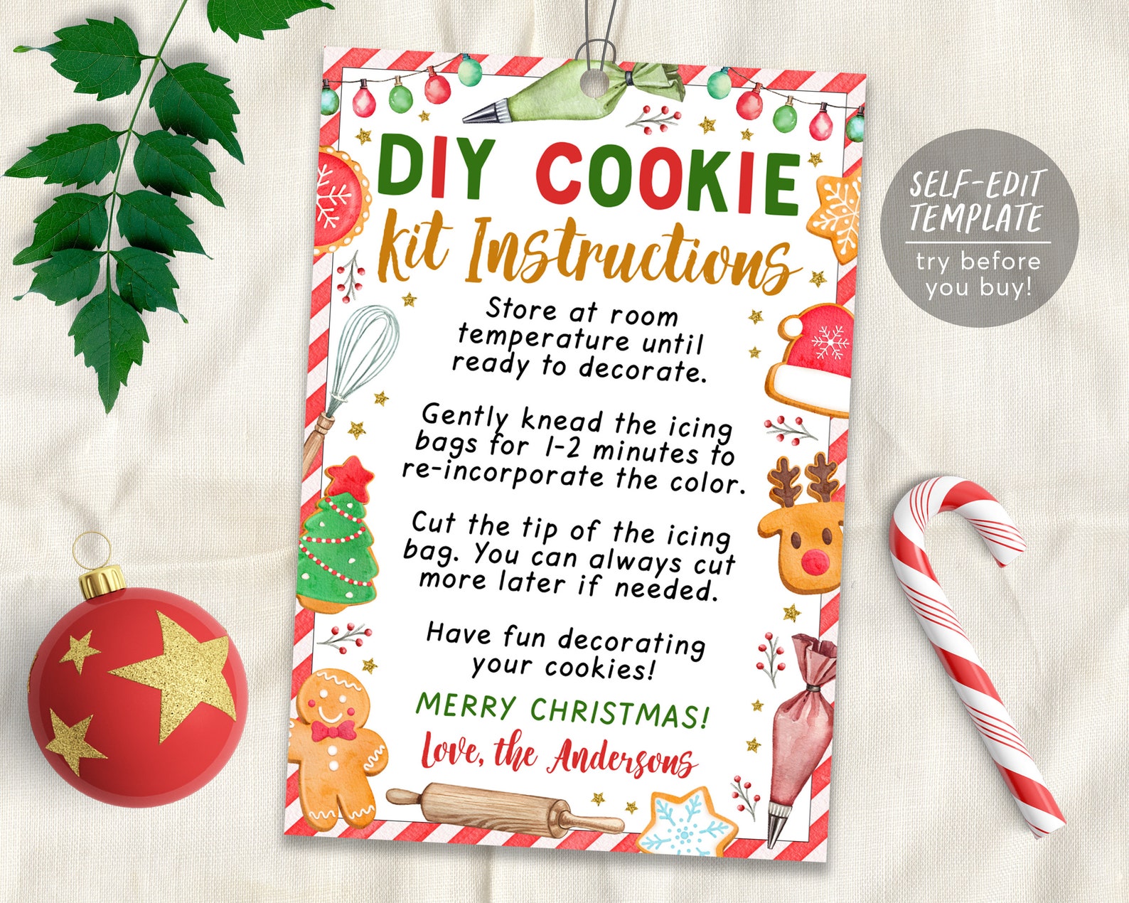Christmas DIY Cookie Kit Instructions Gift Tag Editable Template ...
