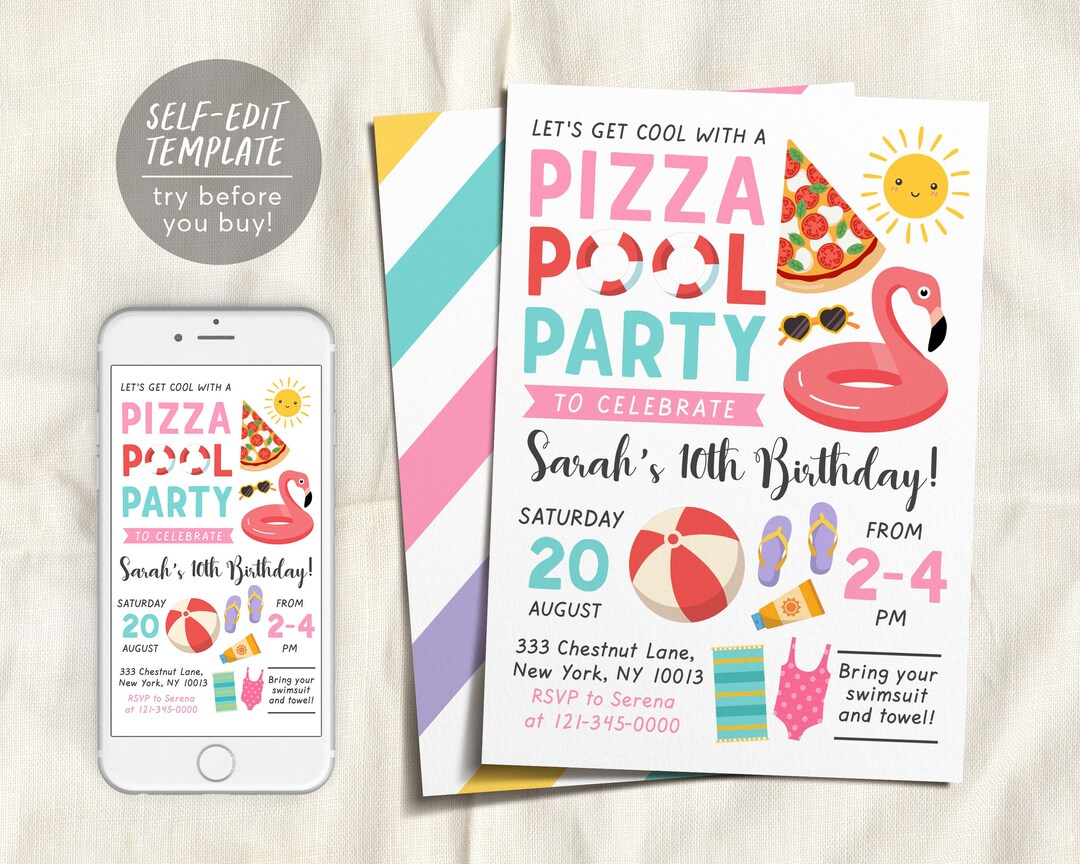Pizza Pool Party Birthday Invitation Editable Template, Girl Swimming ...