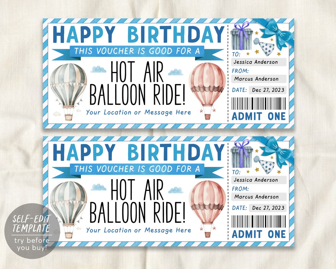 Hot Air Balloon Ticket Editable Template, Birthday Surprise Hot Air ...