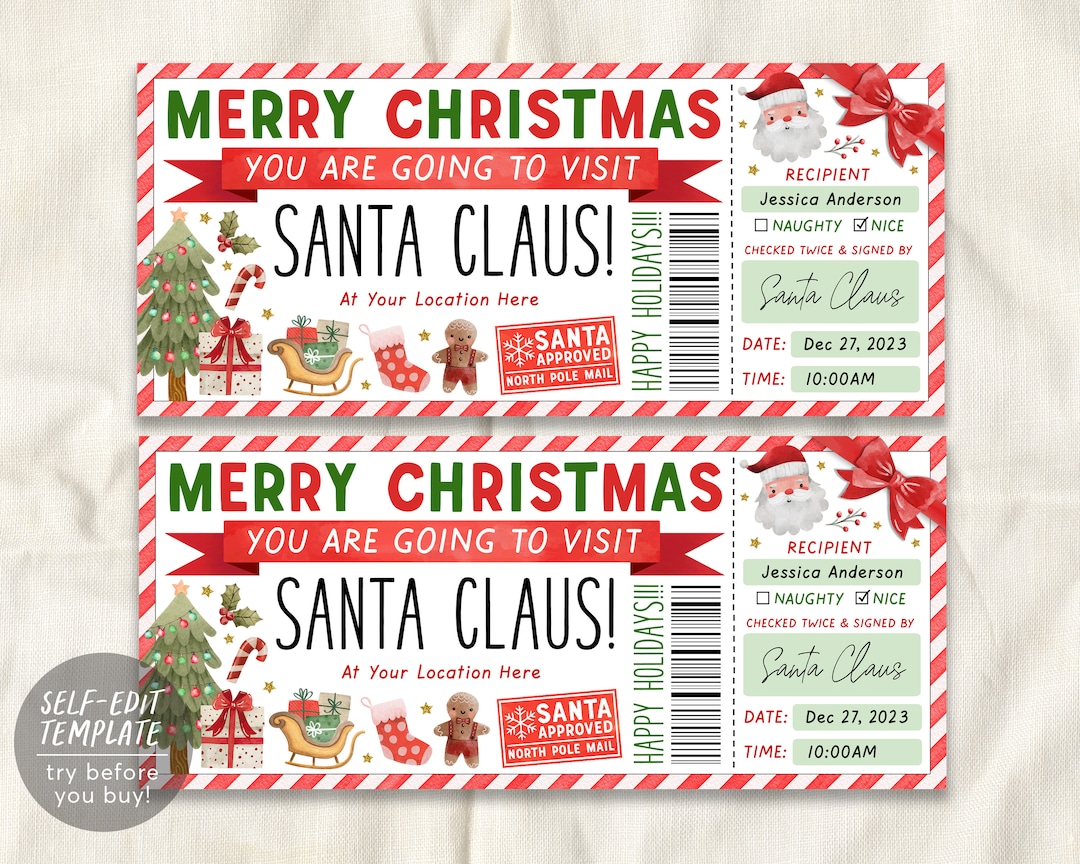 Santa Ticket Gift Voucher Editable Template, Surprise Christmas See ...