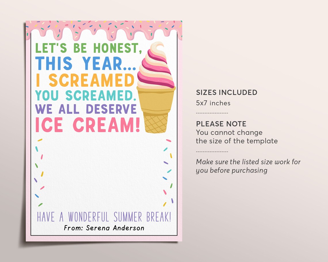 Ice Cream Gift Card Holder Editable Template, Funny Summer Last Day of ...