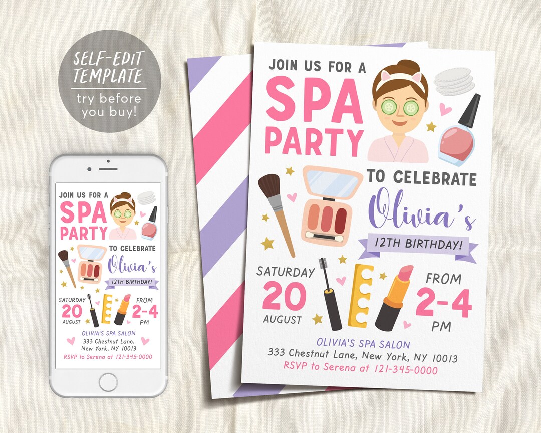 Spa Party Invitation Editable Template, Makeup Party Facial Mani Pedi ...