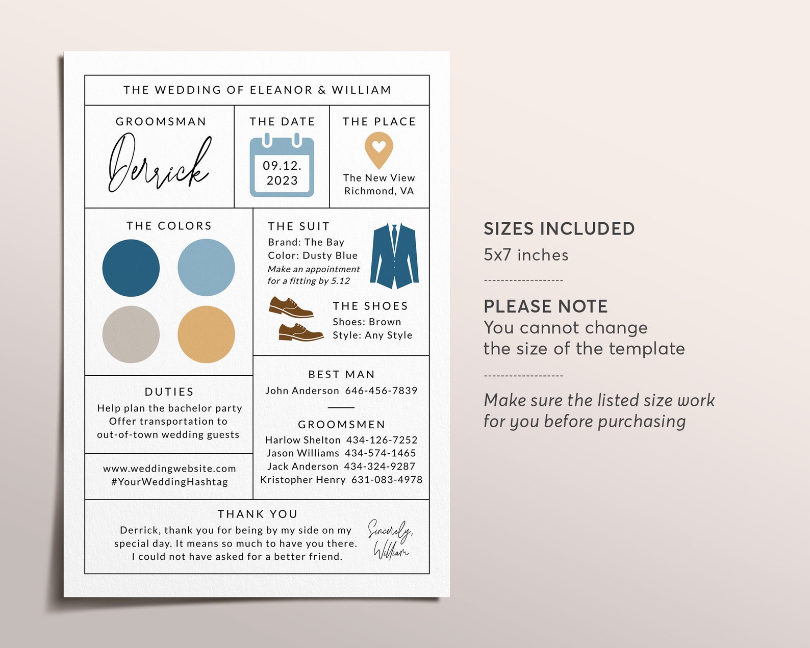 Groomsman Info Card Editable Template, Groomsmen Expectations Info ...