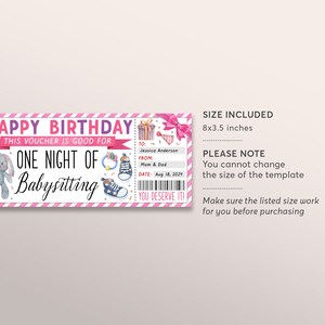 Babysitting Gift Coupon Editable Template, Birthday Surprise Babysitter ...
