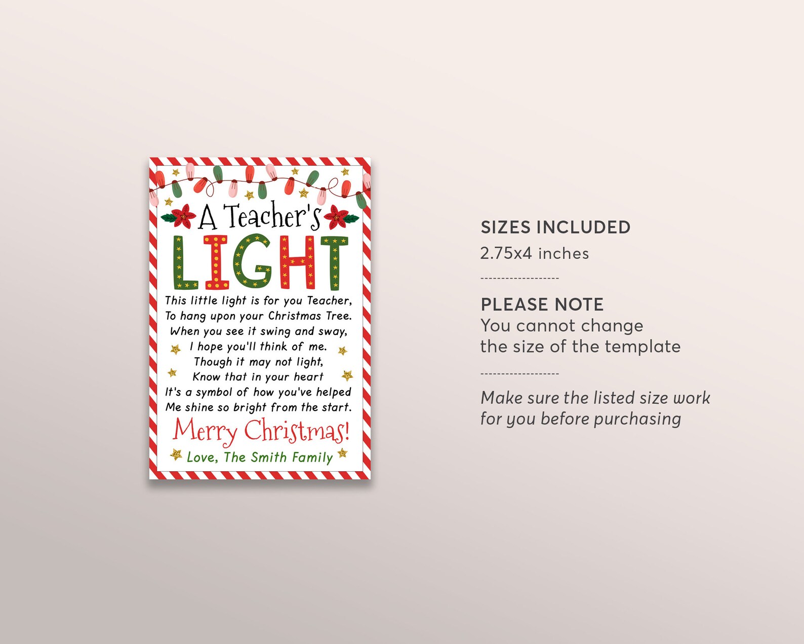 A Teachers Light Gift Tag Editable Template, Teacher Christmas Ornament ...