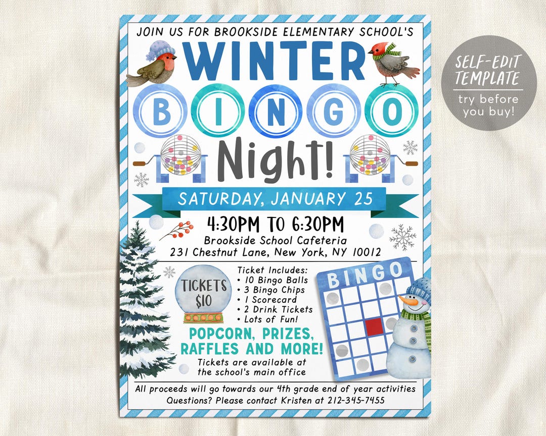 Winter Bingo Night Fundraiser Flyer Editable Template, Holiday Bingo ...