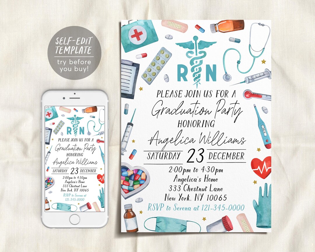 Nursing School Graduation Invitation Editable Template, Nurse RN ...