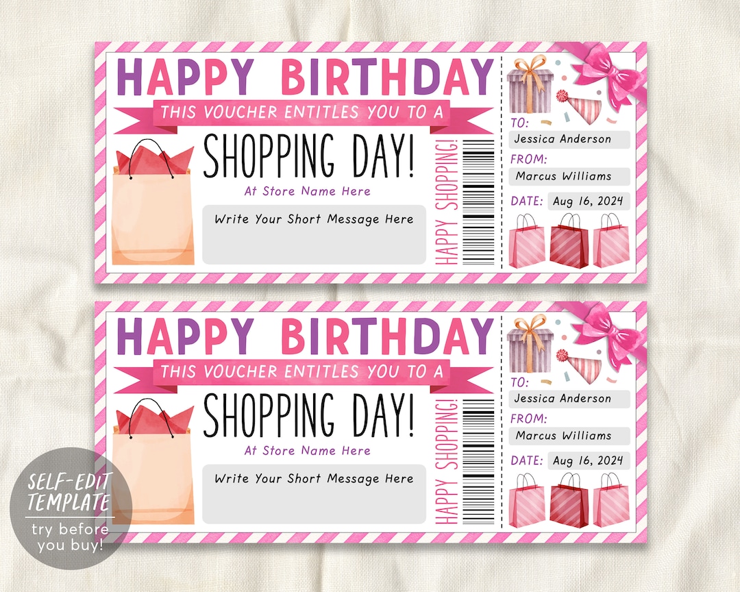 Birthday Shopping Spree Gift Certificate Editable Template, Surprise ...