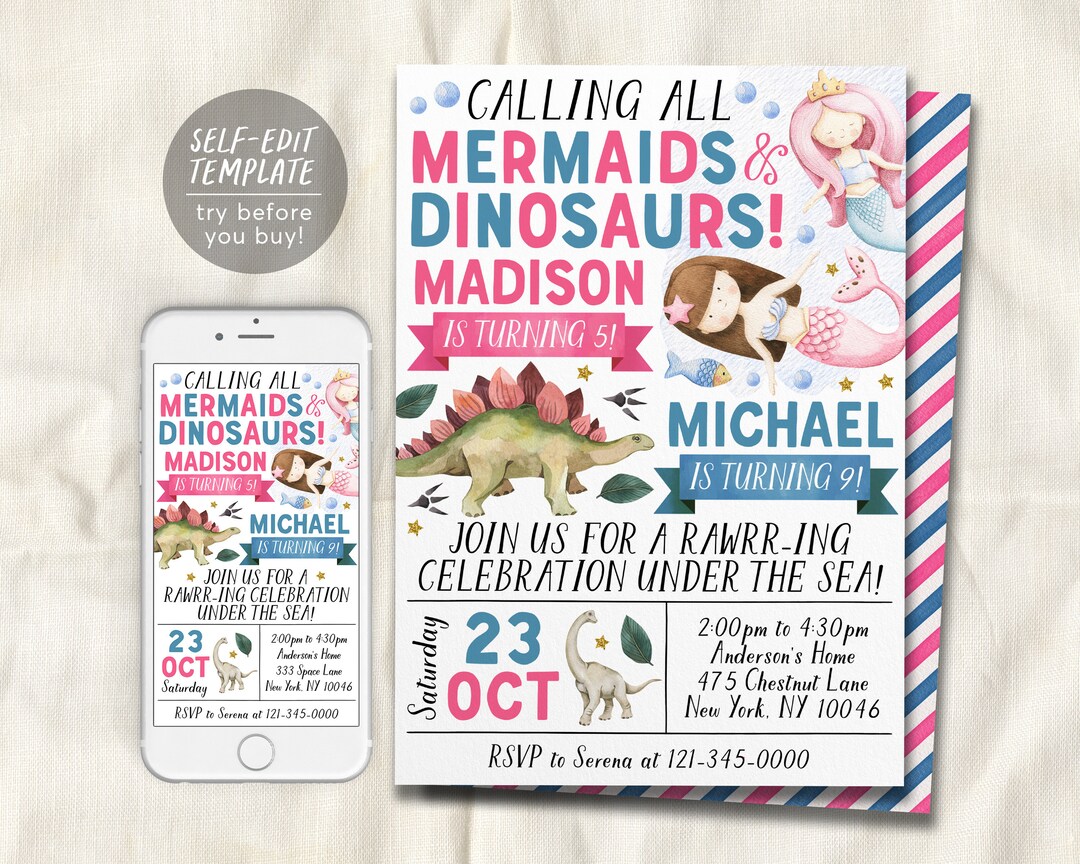 Mermaid and Dinosaur Joint Siblings Birthday Invitation Editable ...