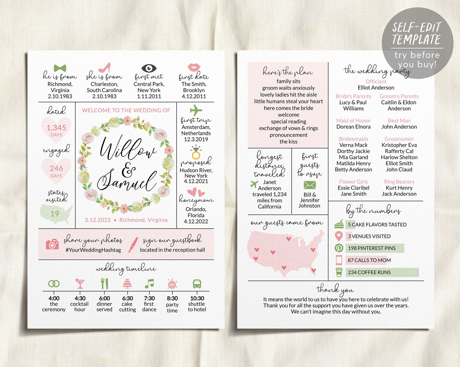 Editable Spring Wedding Program Rose Boho Country Wedding - Etsy