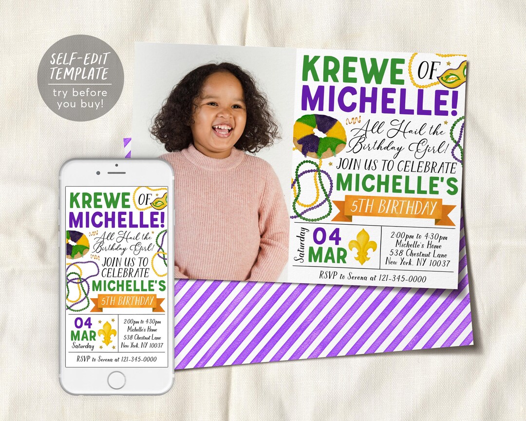 Mardi Gras Birthday Invitation With Photo Editable Template, Kids Mardi ...