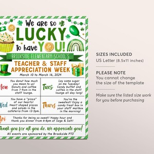 St Patrick's Teacher Staff Appreciation Week Itinerary Flyer Editable ...