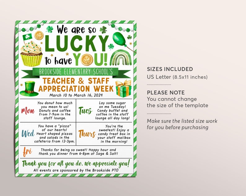 St Patrick's Teacher Staff Appreciation Week Itinerary Flyer Editable ...