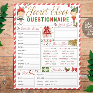 Secret Elves Gift Exchange Questionnaire Editable Template, Secret Elf ...