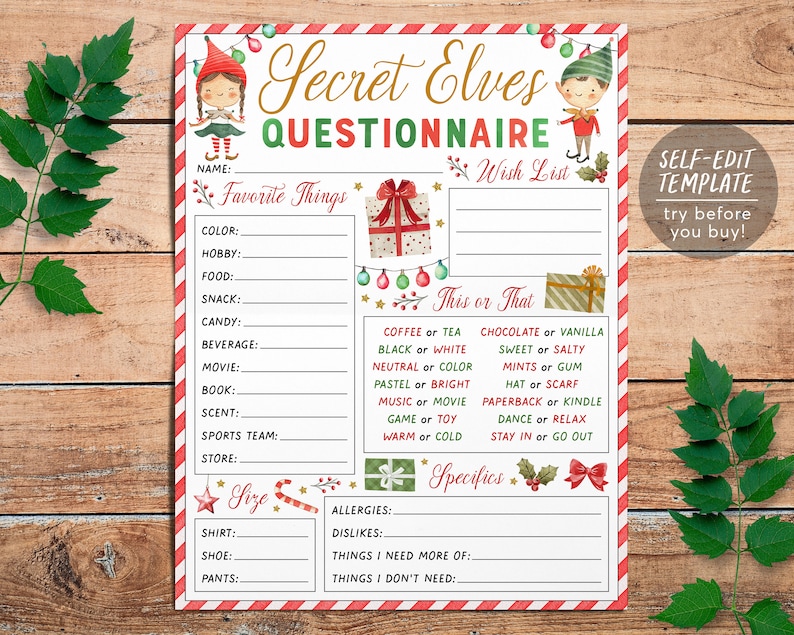 Secret Elves Gift Exchange Questionnaire Editable Template, Secret Elf ...