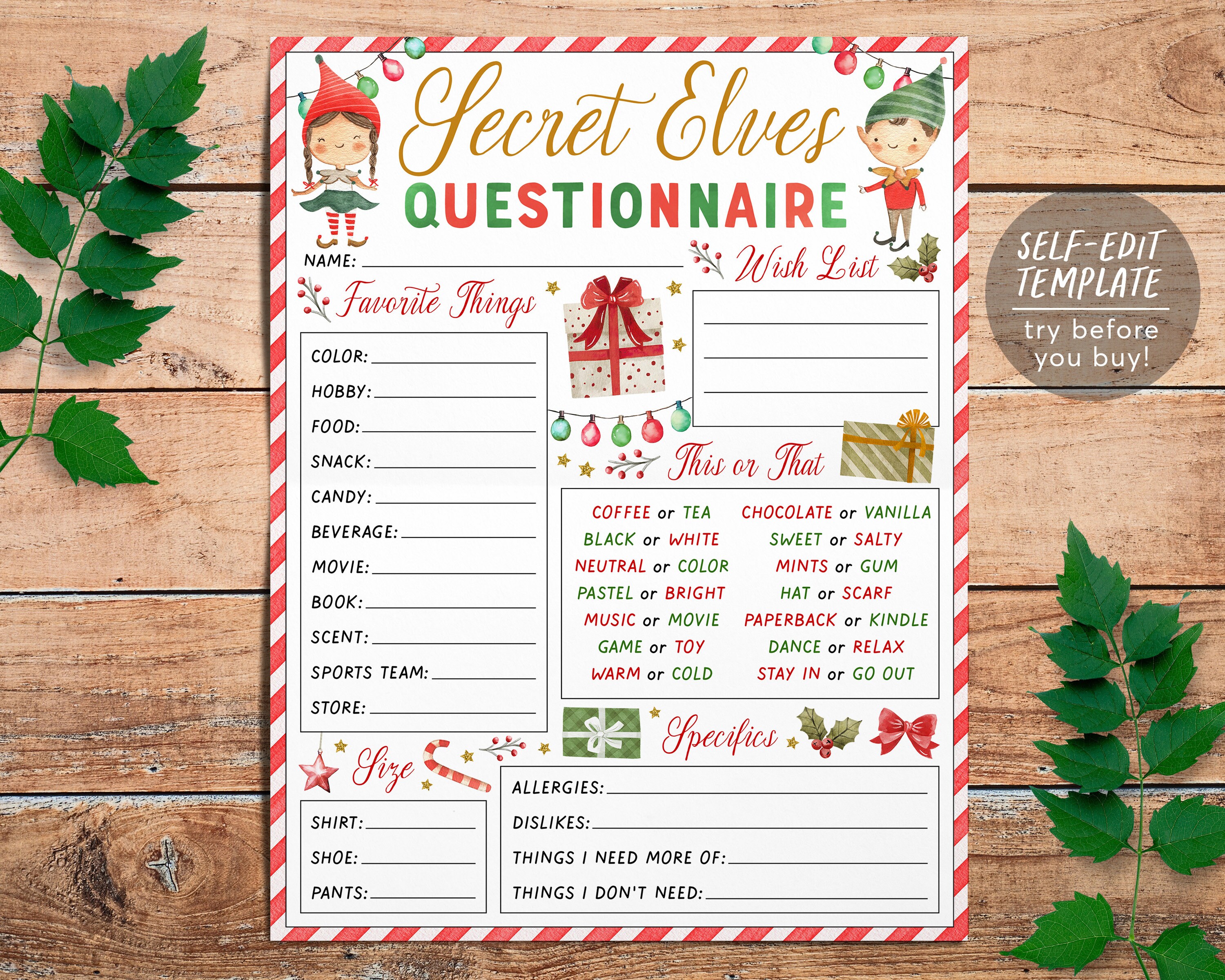 Secret Elves Gift Exchange Questionnaire Editable Template, Secret Elf ...