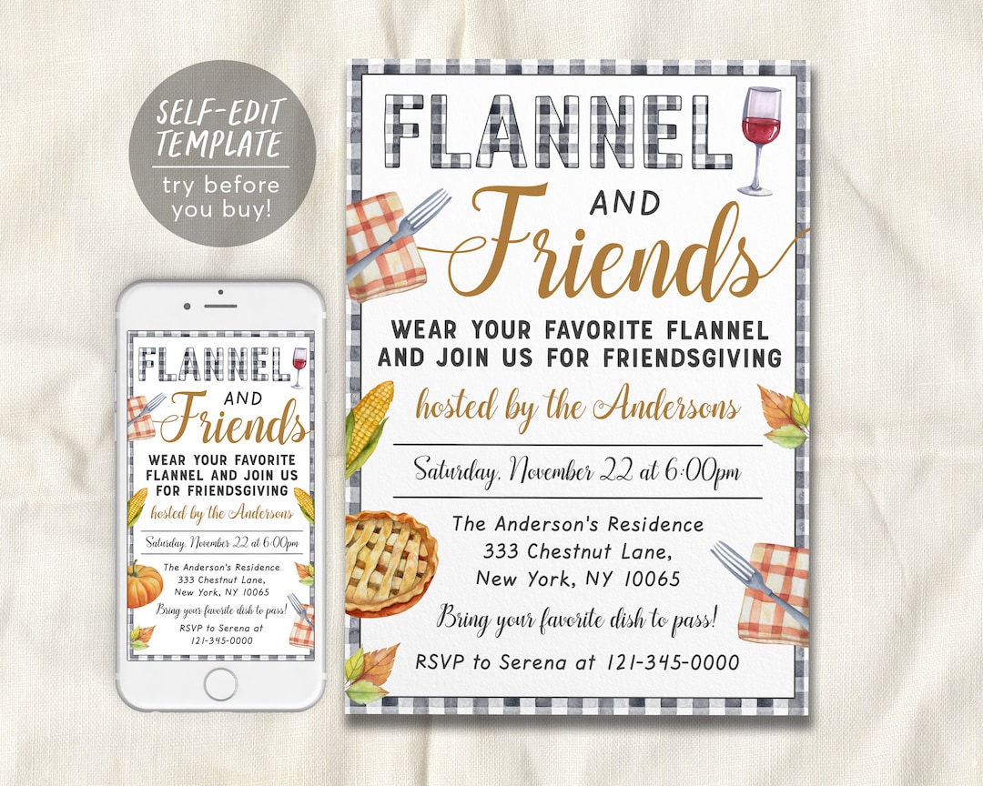 Flannel and Friends Friendsgiving Invitation Editable Template, Casual ...