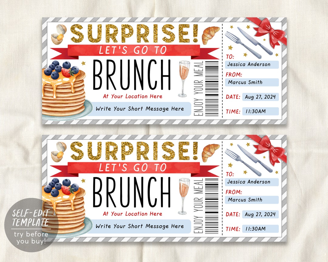 Brunch Coupon Ticket Editable Template, Surprise Lunch Luncheon Gift ...