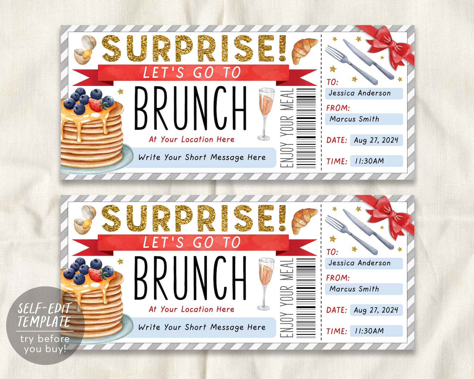 Brunch Coupon Ticket Editable Template, Surprise Lunch Luncheon Gift ...