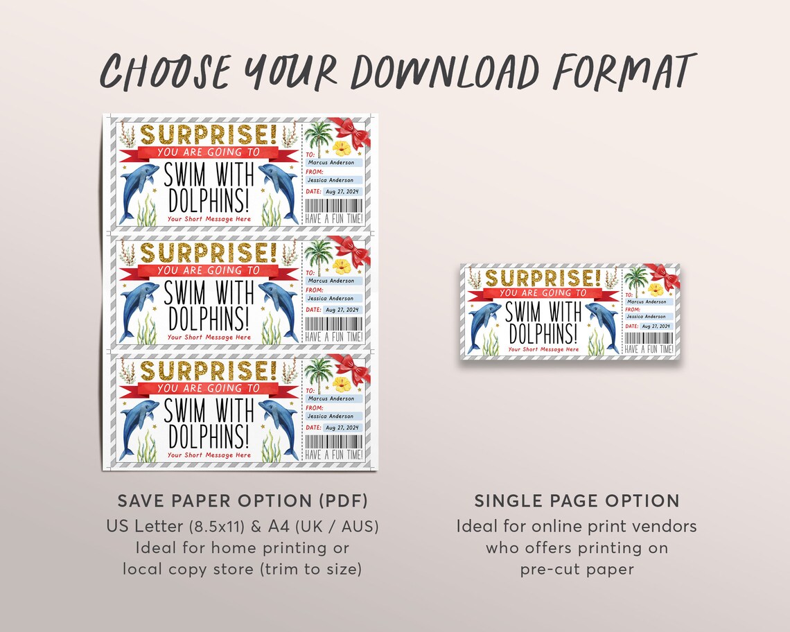 Swim With Dolphins Ticket Editable Template, Surprise Dolphin Watching ...