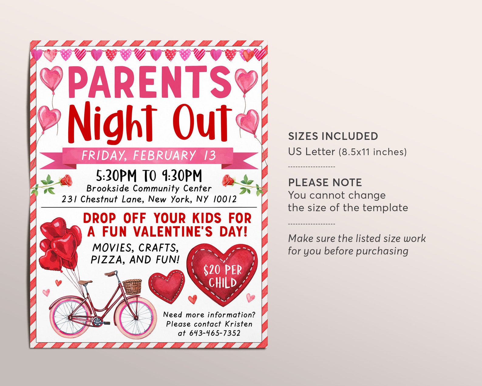 Valentine's Day Parent's Night Out Flyer Editable Template, Valentine ...